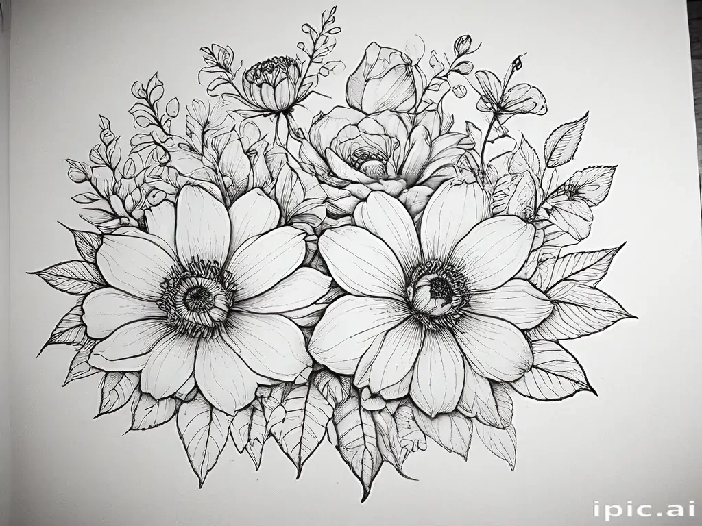 Intricate Line Art Depicting a Beautiful Arrangement of Various Flowers