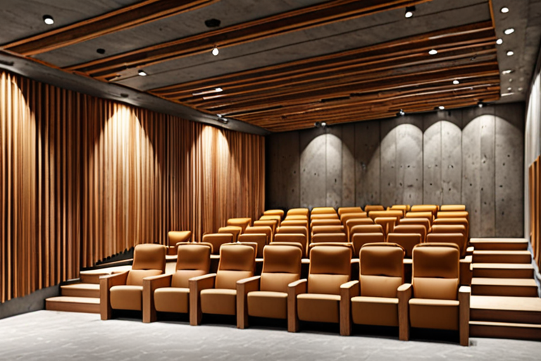 Interior renders of a theater made with concrete walls and wood ...