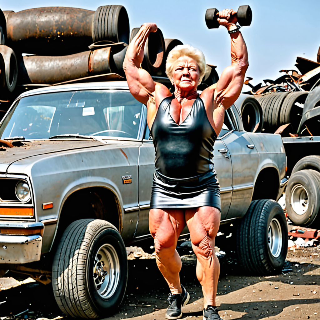 A very strong muscular elderly female very overweight bodybuilder in a ...