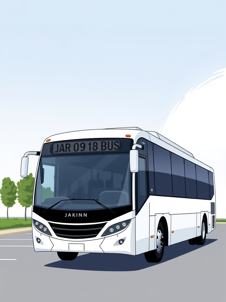 Modern White Bus with Destination Sign on Clear Blue Sky Day