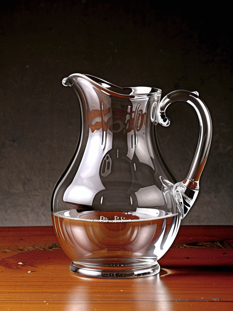 A Beautifully Crafted Glass Pitcher Reflecting Light on a Wooden Table.