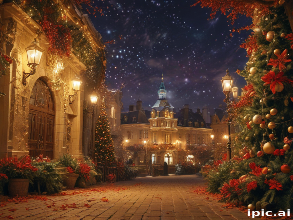 A Magical Winter Night Scene with Twinkling Stars and Festive Decorations.
