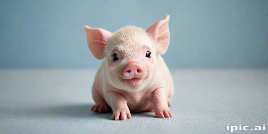 Adorable Baby Piglet Sitting on a Soft Blue Surface, Smiling Cutely