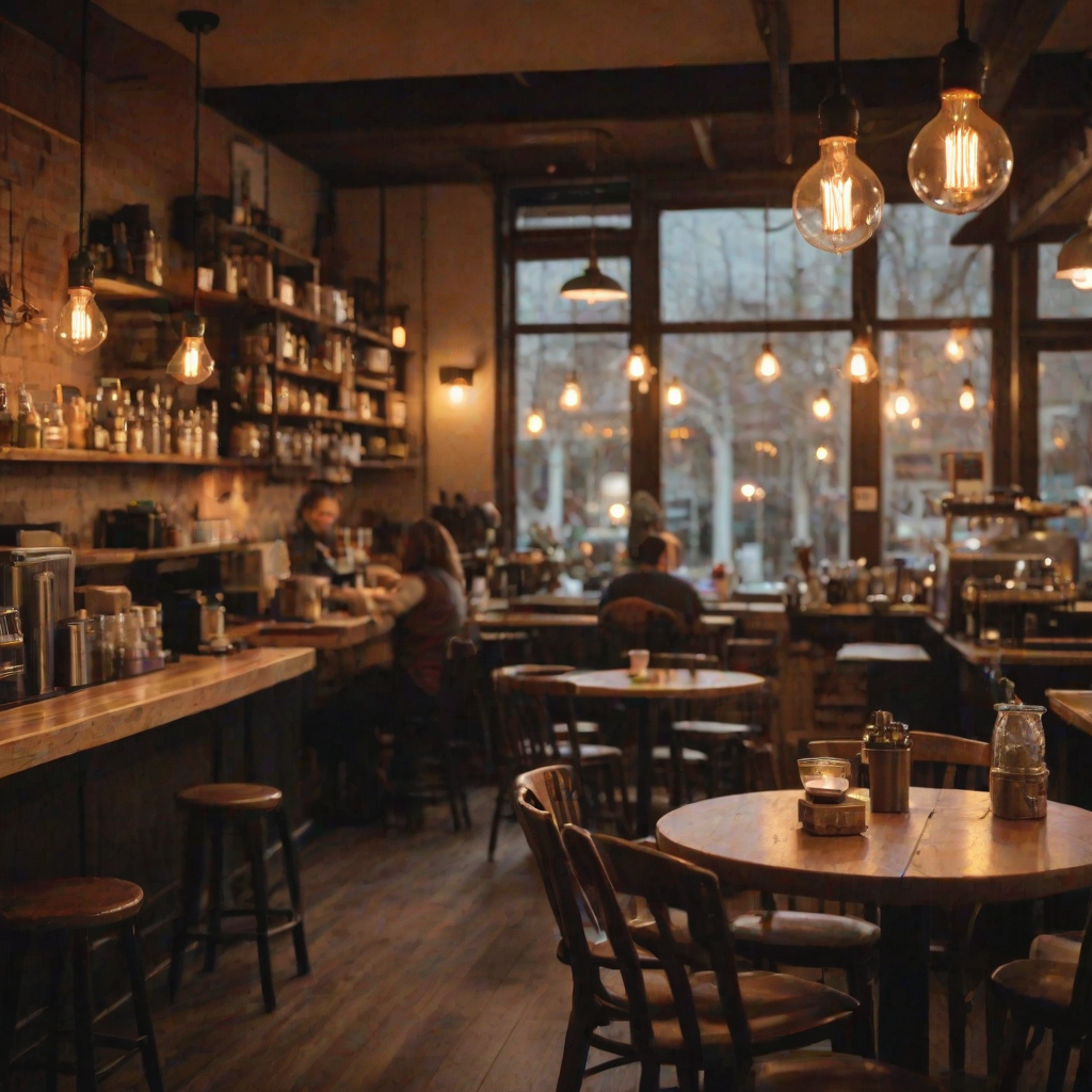 A Cozy Café Interior with Warm Lighting and Inviting Atmosphere for ...