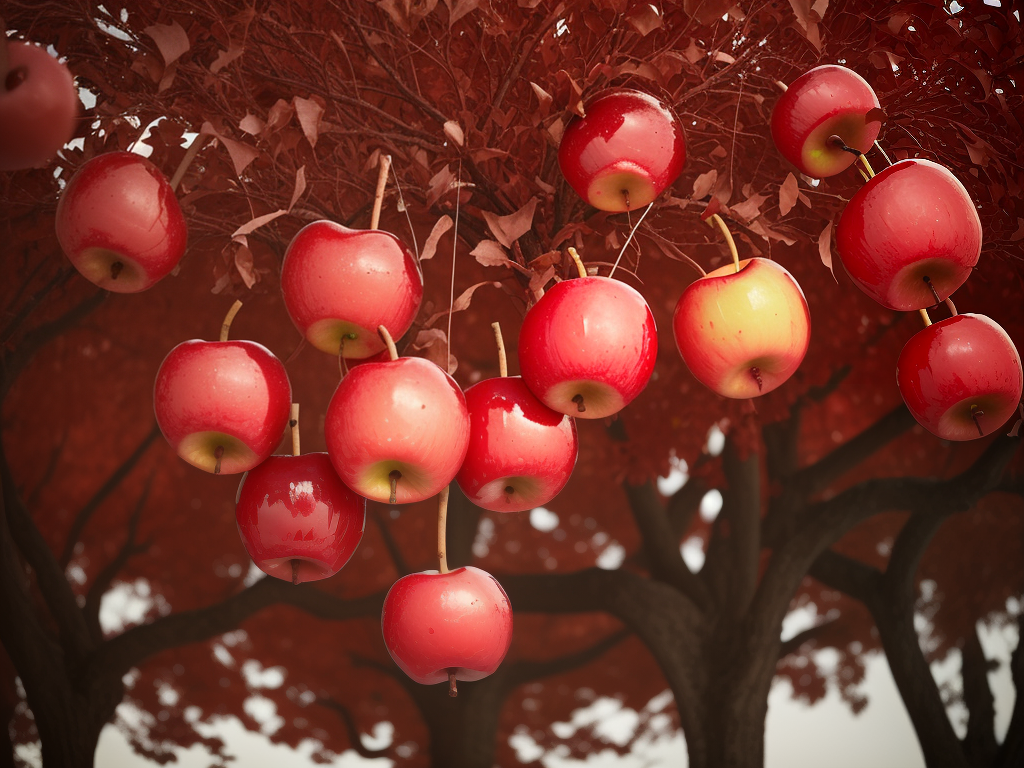Vibrant Red Apples Hanging from a Tree with Colorful Autumn Leaves