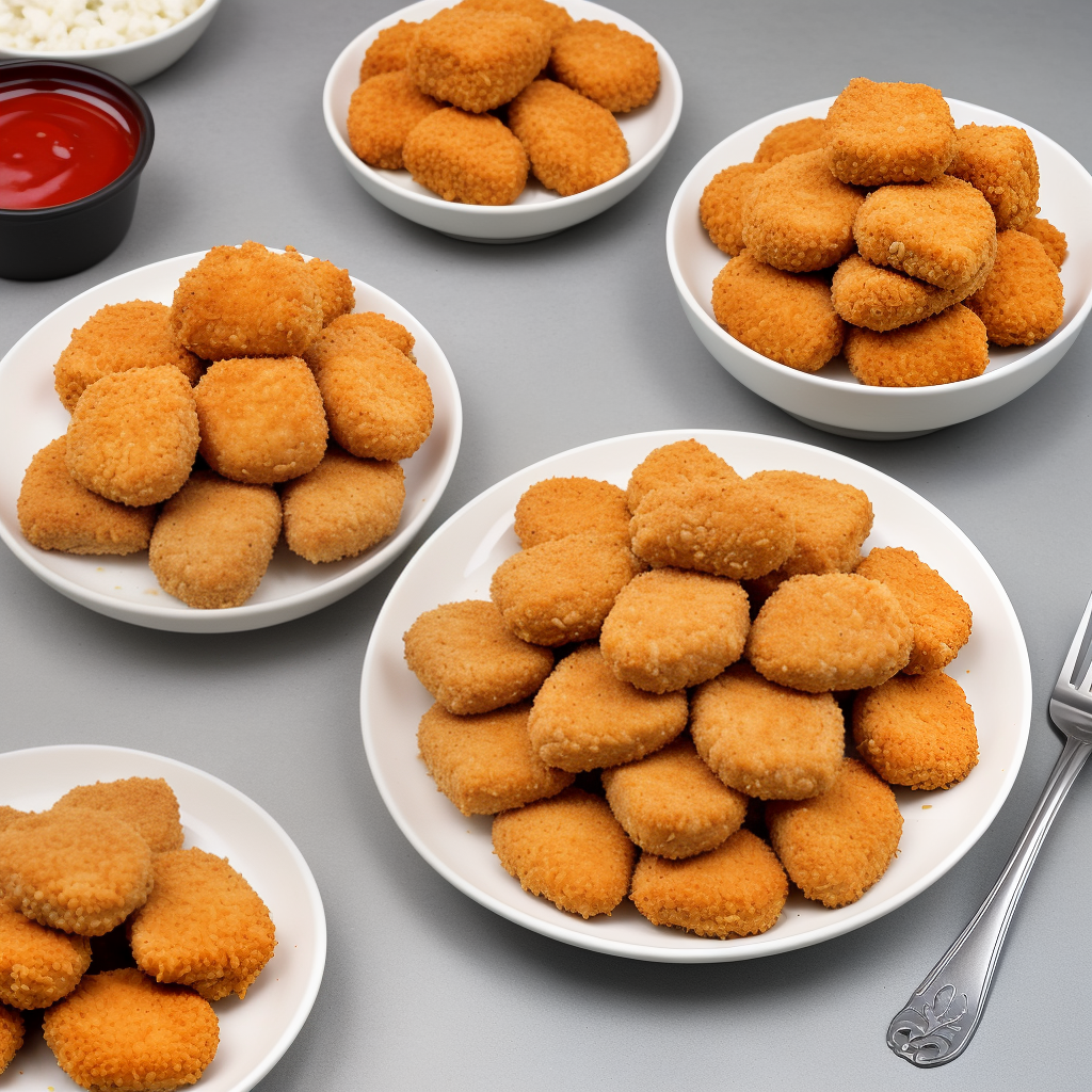 Deliciously Golden-Brown Chicken Nuggets Piled High on White Plates.