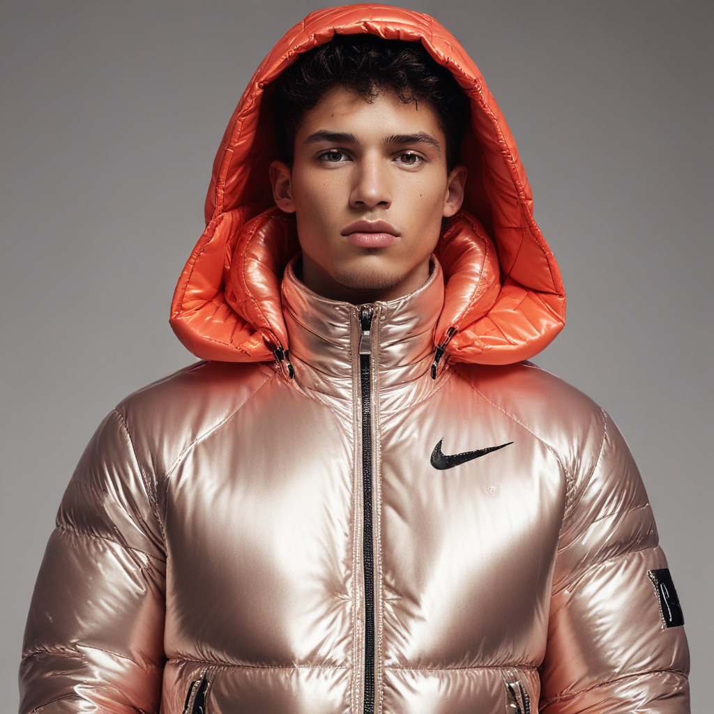 Male supermodel nike shiny puffer jacket bling jewellery hood