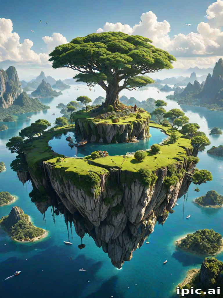 A Majestic Floating Island Surrounded by Lush Greenery and Tranquil Waters