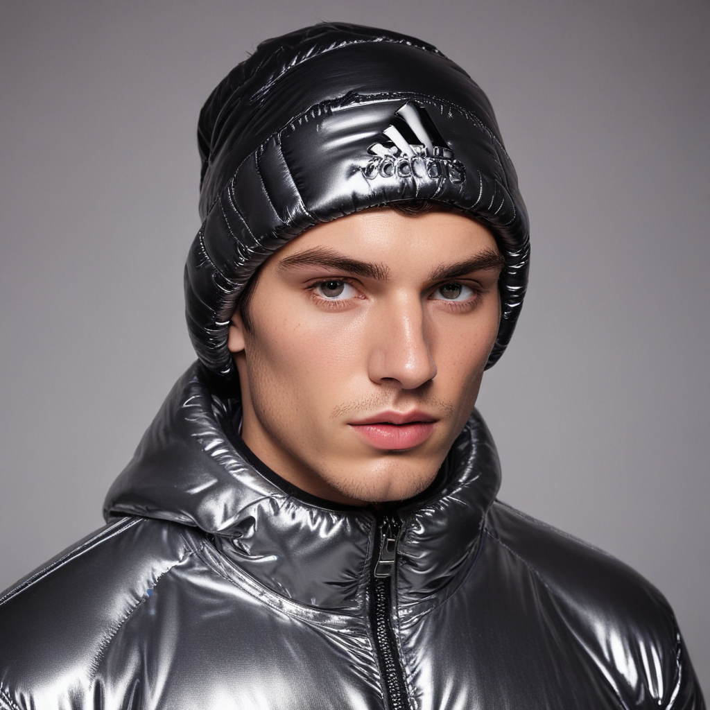 Male supermodel adidas shiny puffer jacket bling jewellery hood headband