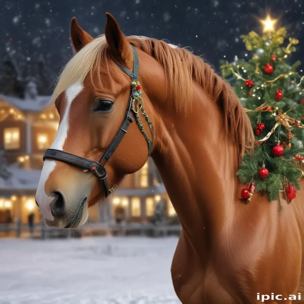 A Majestic Horse Decorated with Christmas Ornaments in Winter Wonderland.