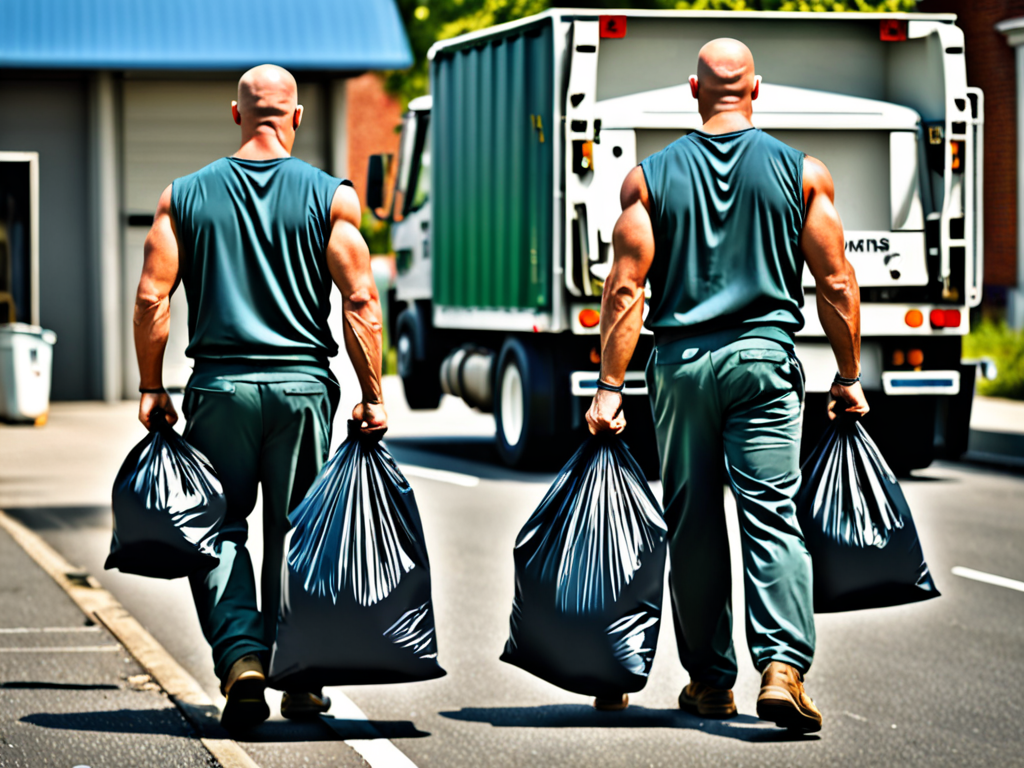realistic handsome bald muscular garbagemen from behind carrying black ...