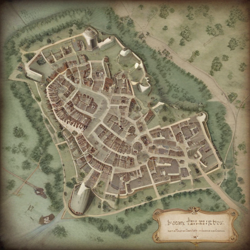 A map of a medieval capital city surrounded by walls, a castle in the ...