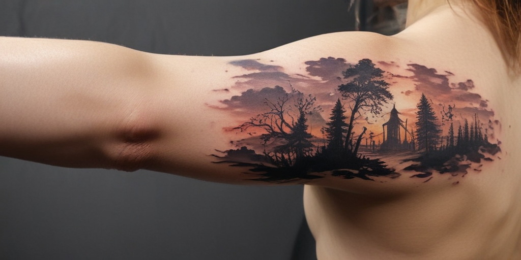 Stunning Sunset Landscape Tattoo Depicting Trees and Mountains on Arm