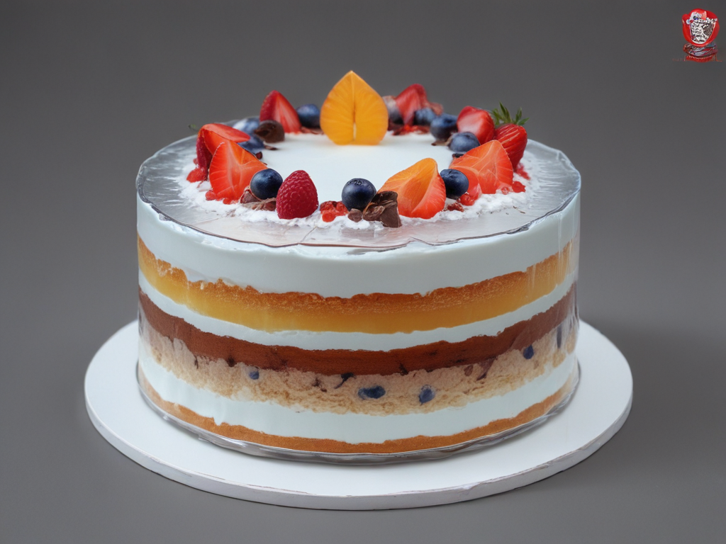 A Colorful Layered Cake Topped with Fresh Fruits and Whipped Cream