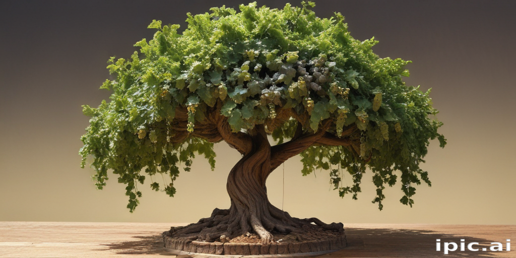 A Beautifully Crafted Sculptural Tree with Lush Green Foliage and Grapes.