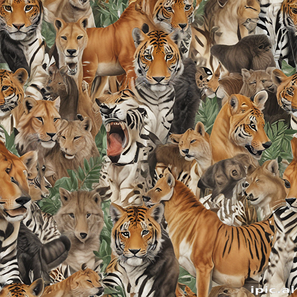 Vibrant Collage of Majestic Tigers and Lions in a Lush Jungle Setting