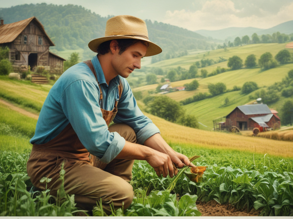 Create a poster promoting organic farming. Include images of people ...