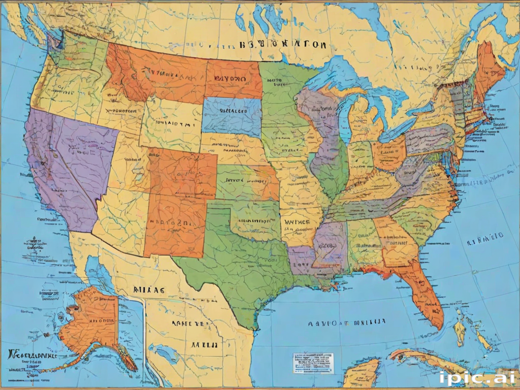 Colorful Illustrated Map of the United States Featuring State Borders ...