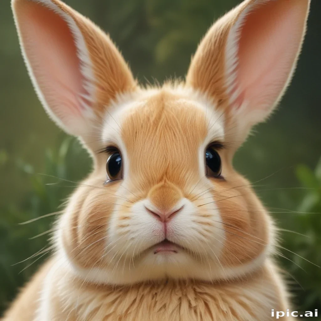A Cute and Fluffy Rabbit with Big Eyes in a Green Background.