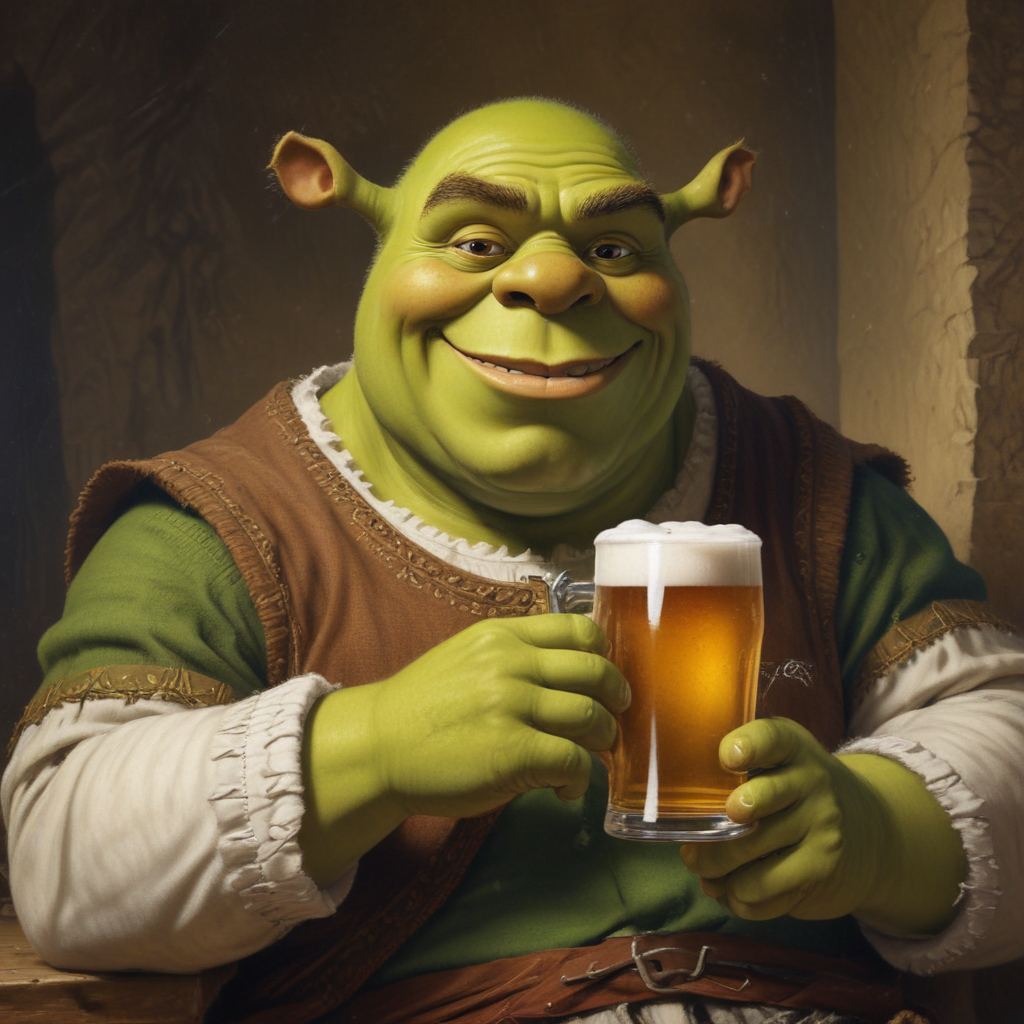 shrek drinking a beer renaissance style painting