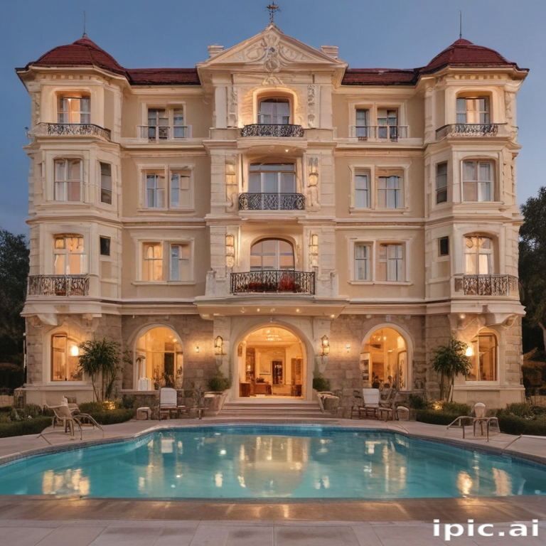 Elegant Mansion with Pool Surrounded by Lush Gardens at Dusk.