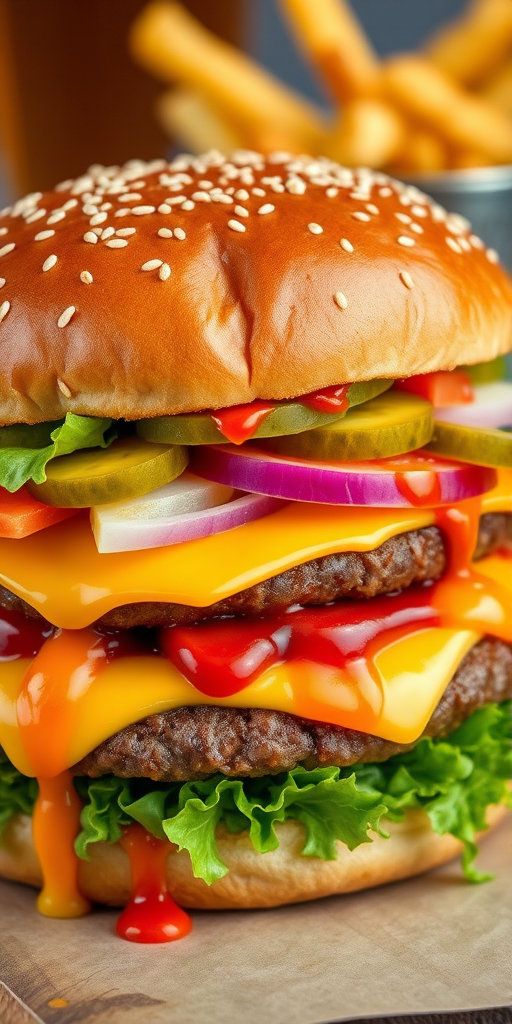 Delicious Triple Cheeseburger with Fresh Vegetables and Tasty ...