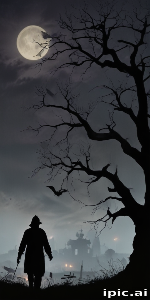 Spooky Night Scene with a Silhouette of a Figure and Full Moon