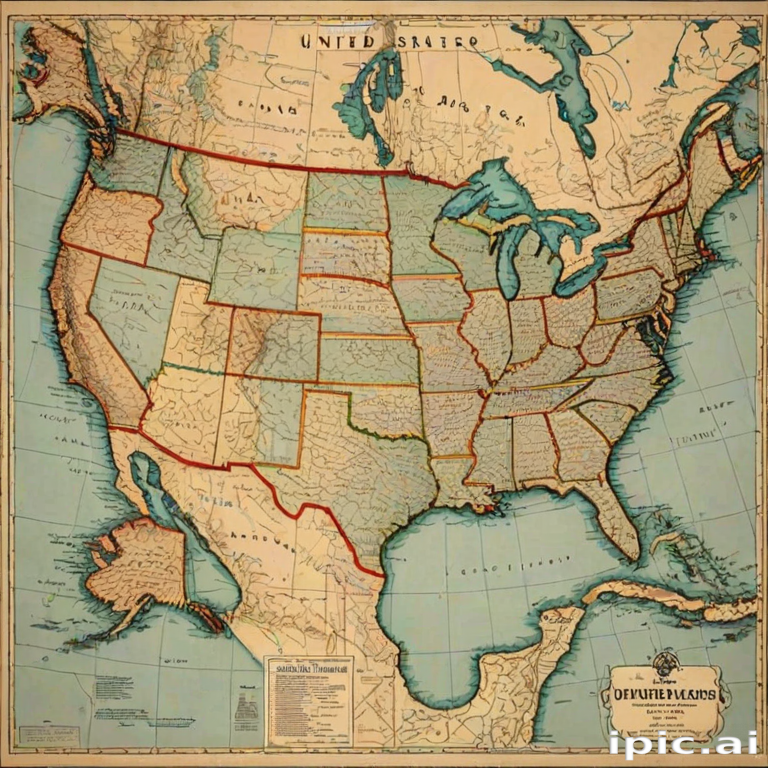 Historical Map of the United States Highlighting State Boundaries and ...