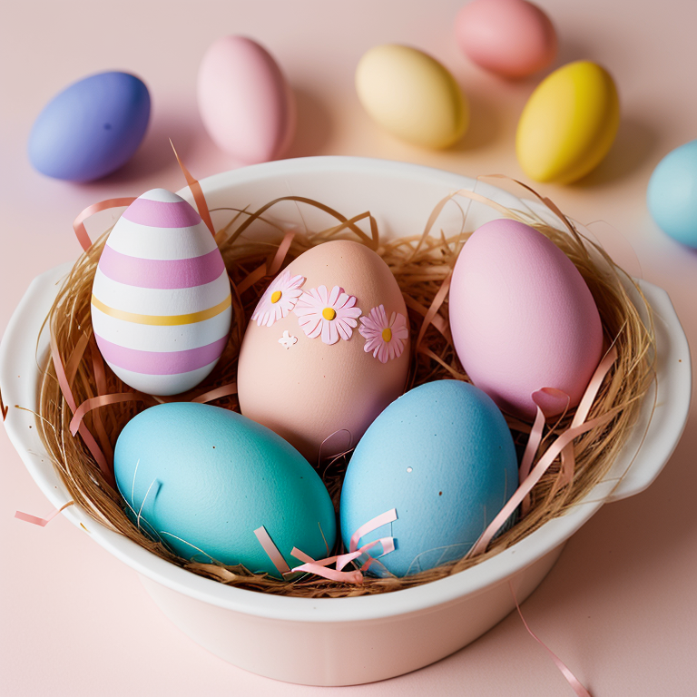 Colorful Easter Eggs Arranged Beautifully in a Decorative White Bowl