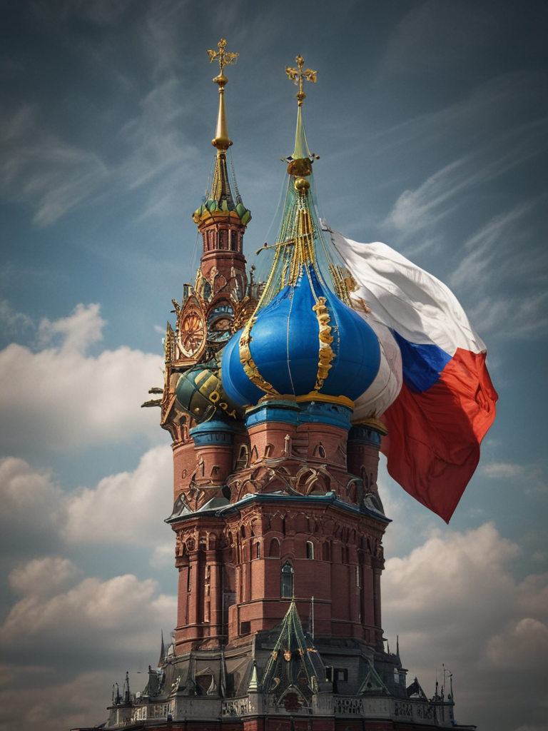 Stunning View of a Colorful Russian Tower with Flag Against Blue Sky
