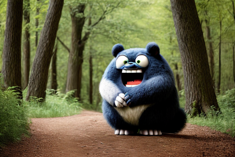 fluffy cute fat monster large ears with teeth in a forest