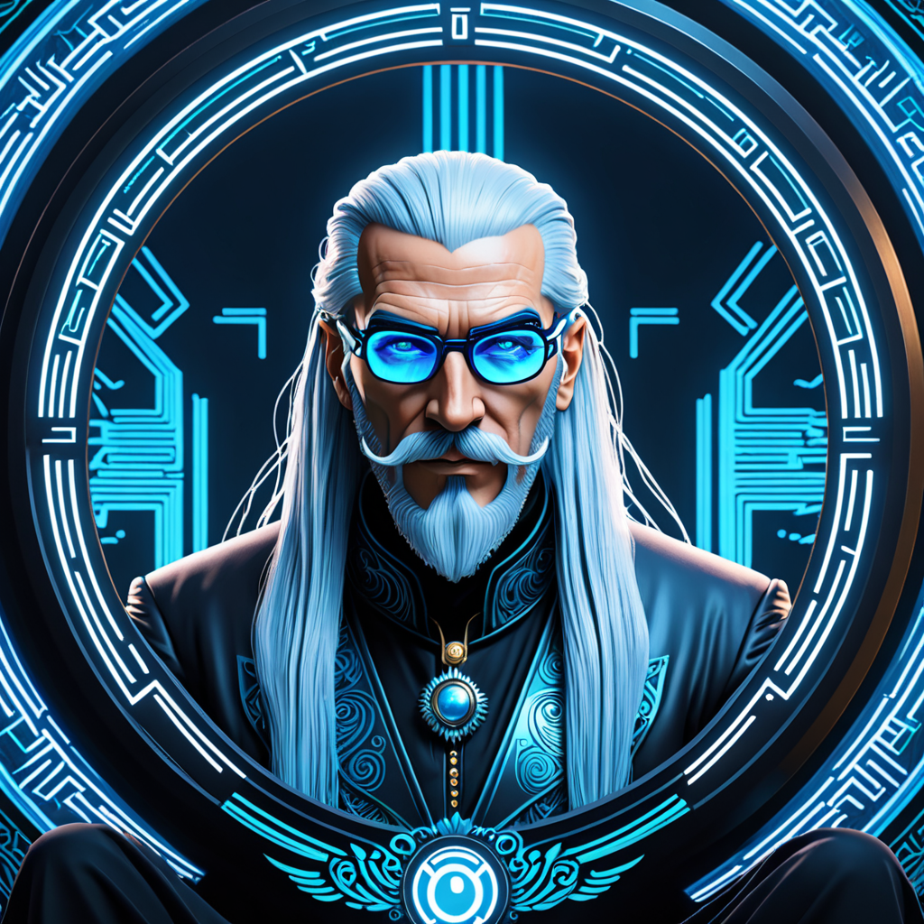 Create a unique 3D logo art of a villainous but royal looking cyberpunk ...