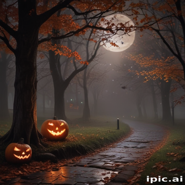 Spooky Autumn Night with Glowing Jack-o'-Lanterns Under a Full Moon