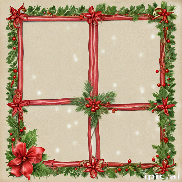 Festive Holiday Frame Adorned with Bows, Berries, and Evergreen Foliage