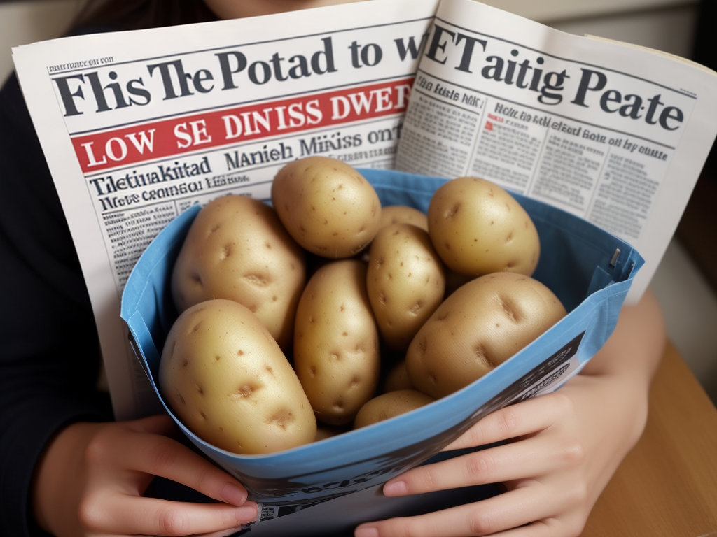 Person Holding a Bowl of Potatoes with Newspaper Headlines in Background