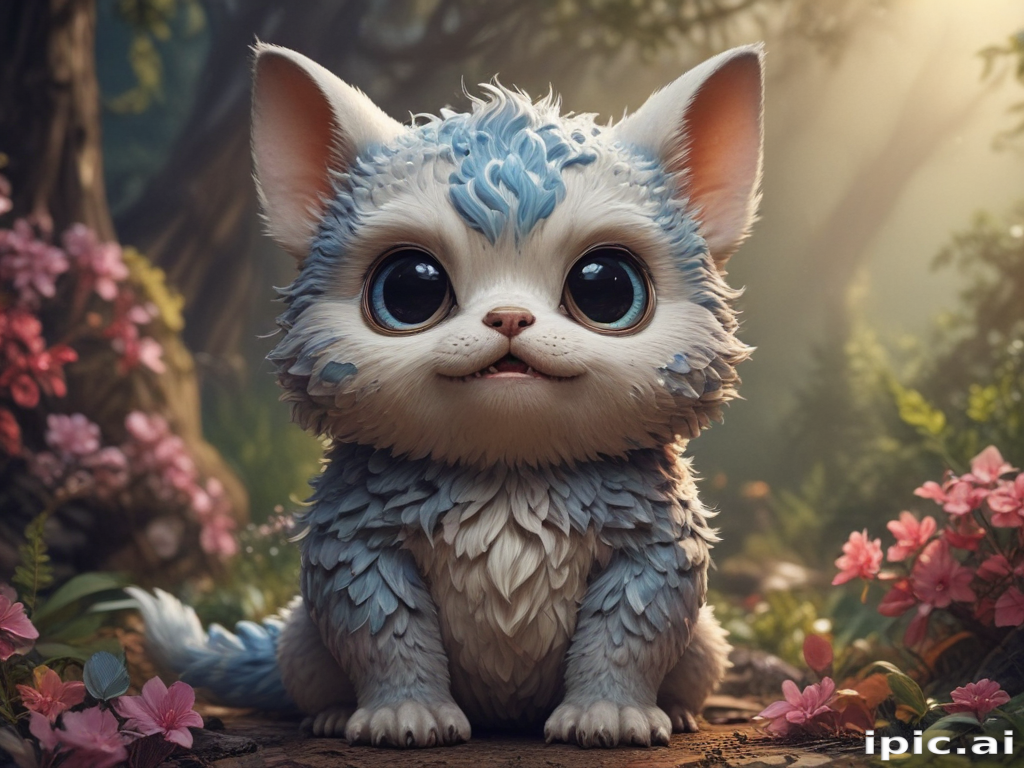 Adorable Fluffy Creature with Big Eyes in a Magical Flowering Forest