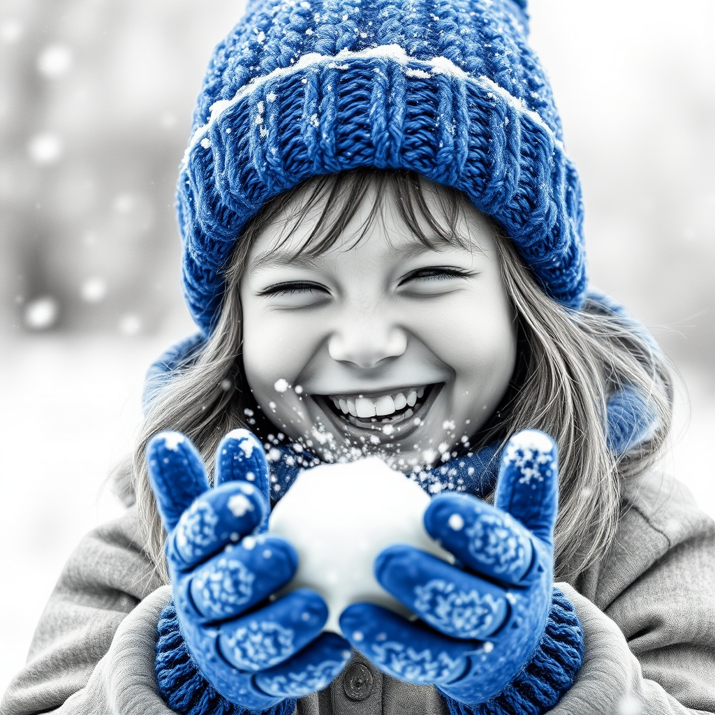A Joyful Child in Winter Gear Playing with a Snowball Outdoors