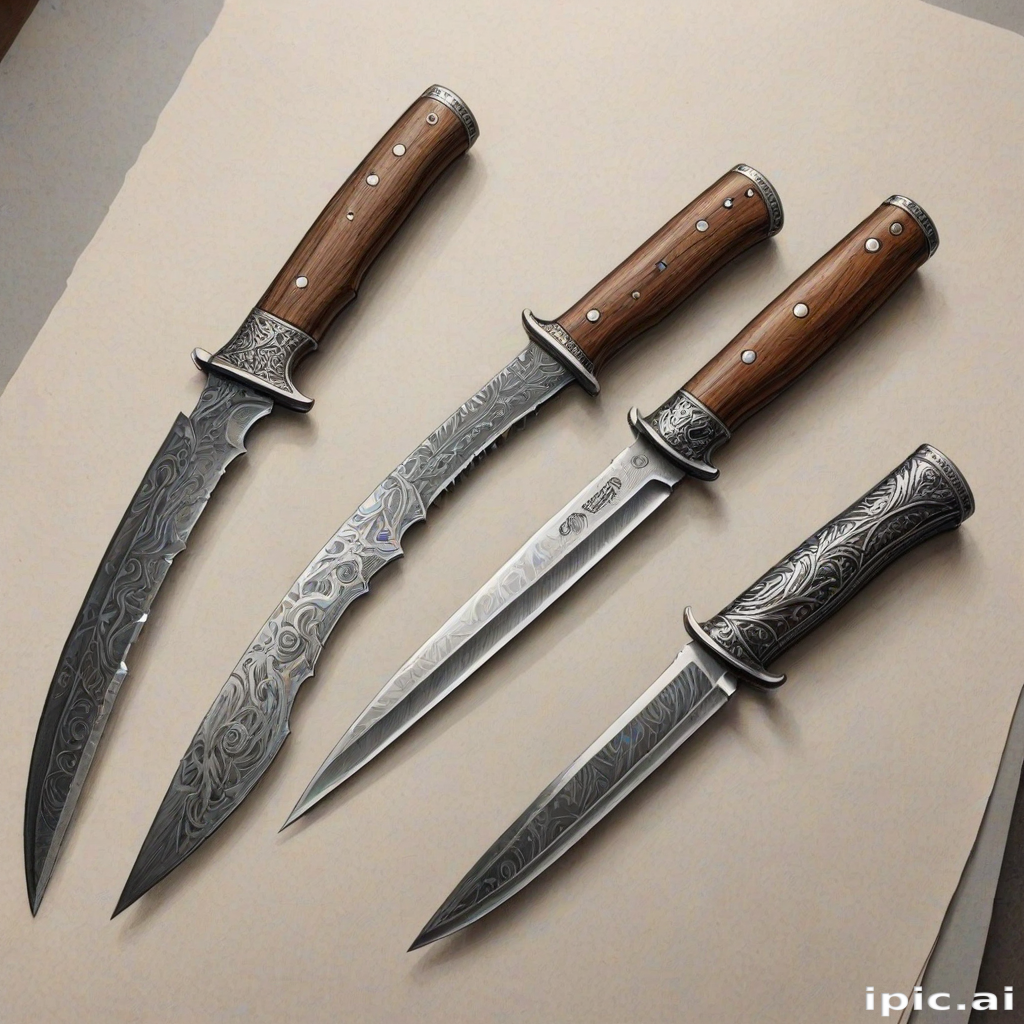 Four Exquisite Knives Showcasing Unique Designs and Beautiful Wooden ...