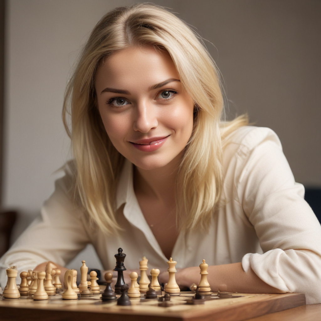 blonde woman playing chess, looking directly at the spectator, smiling