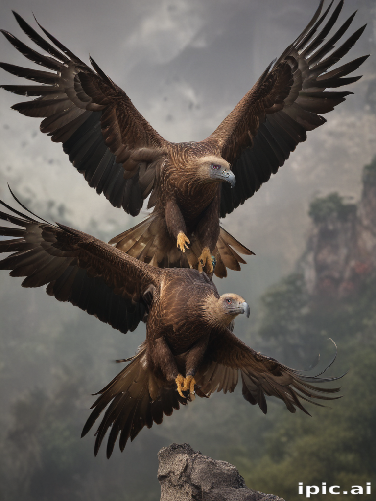 Majestic Eagles Soaring Gracefully Together Against a Misty Mountain ...