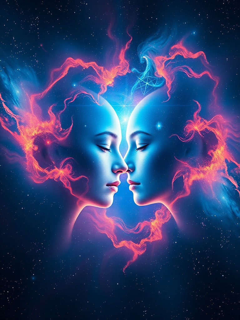 Create a vibrant, cosmic artwork of two ethereal faces merging in a ...