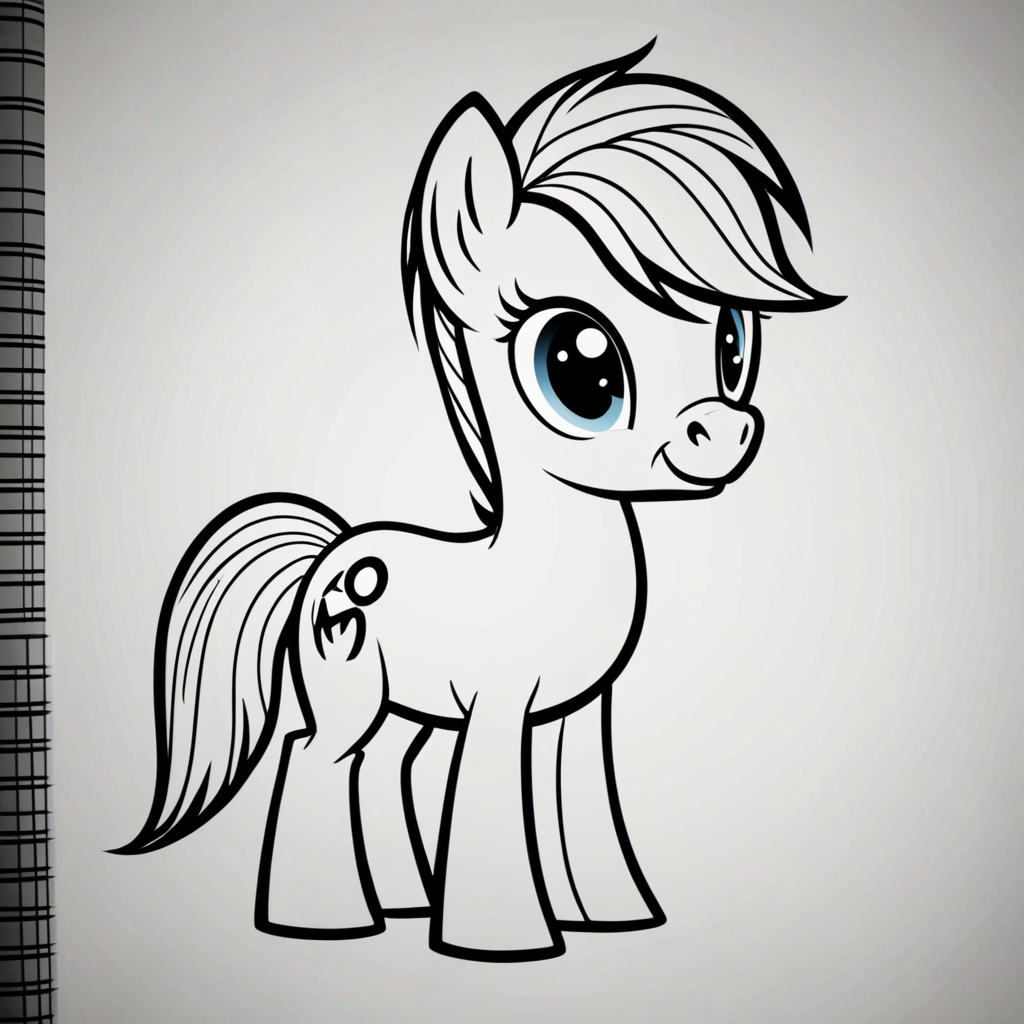 simple line drawing of cartoon pixar style pony low detail centered no ...