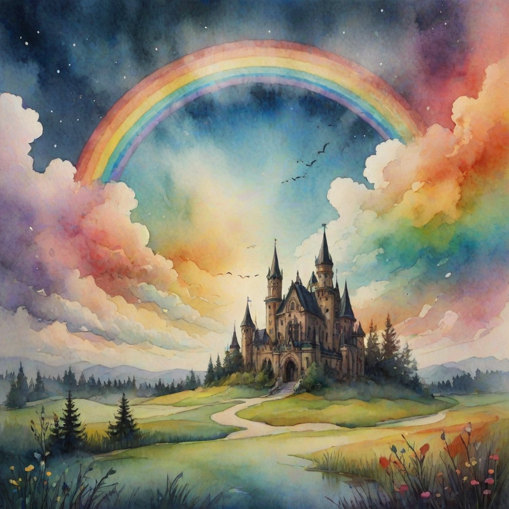 A Magical Castle Under a Vibrant Rainbow in a Dreamy Landscape