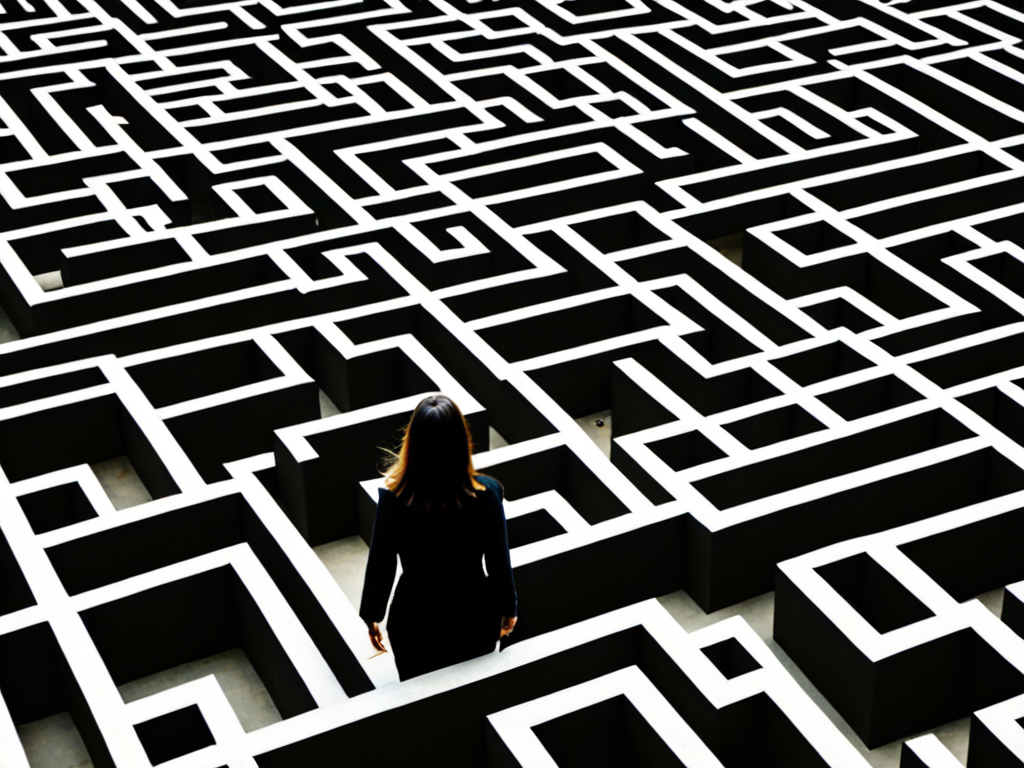 A woman lost in a long maze.