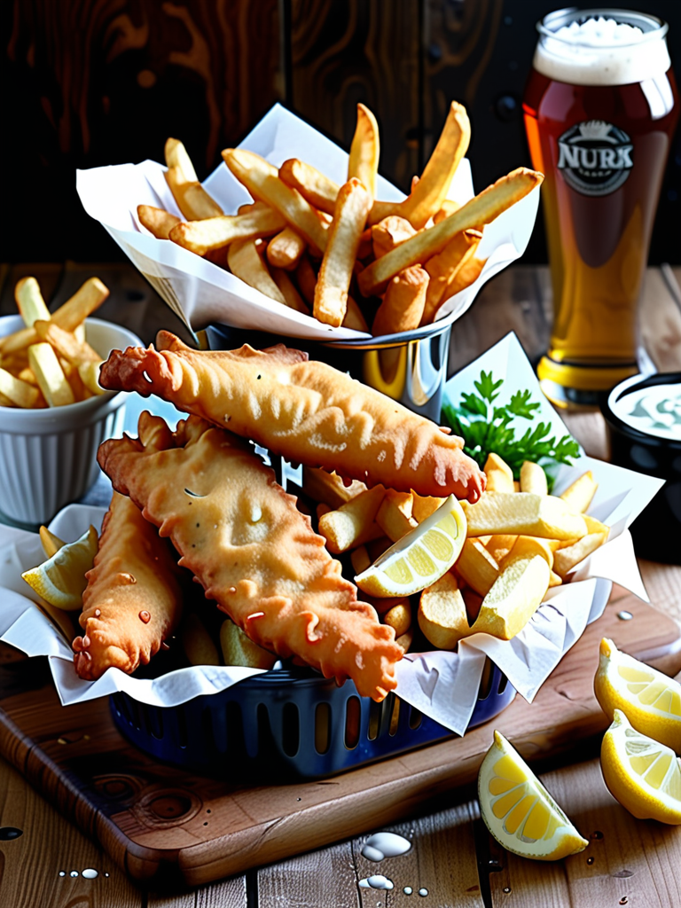 Deliciously Fried Fish and Golden Fries Served with Fresh Lemon Wedges