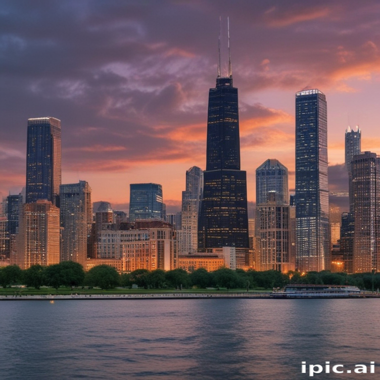 Stunning Sunset Over Chicago's Skyline Reflecting on the Calm Water