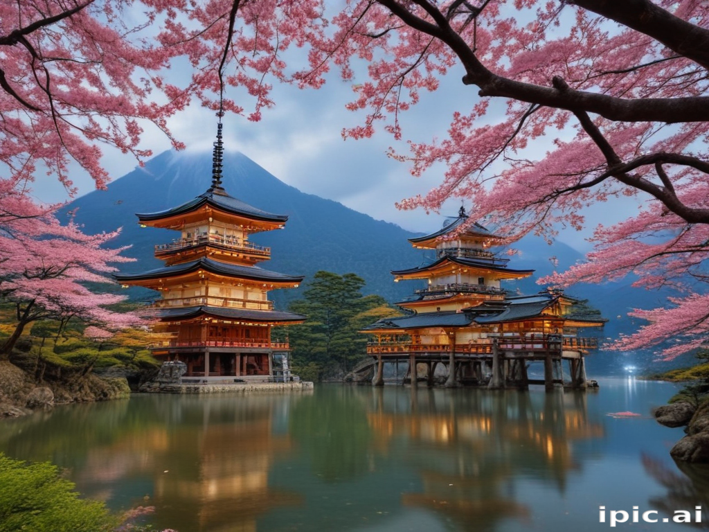 Serene Japanese Pagodas Surrounded by Blossoming Cherry Trees and Mountains