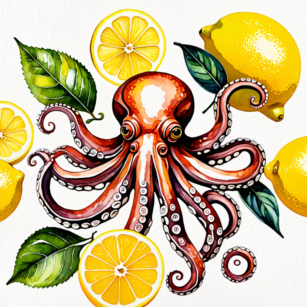 octopus wrapping lemon fruit, lemon slice, lemon leaf, water colour ...