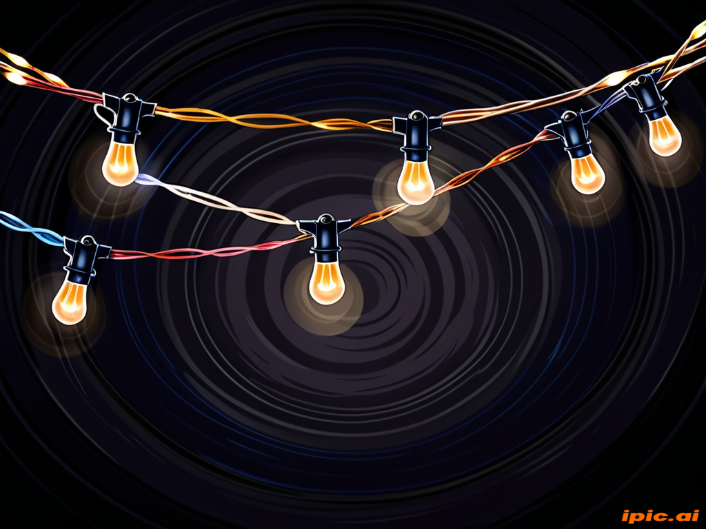 Colorful String Lights Glowing Against a Dark Swirling Background Design