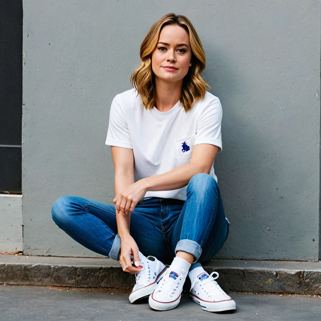 Mcu Brie Larson Carol Danvers Sitting in White Shirt, Blue Jeans, White ...